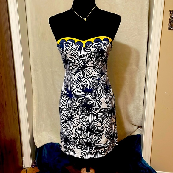 Minuet Petite | Dresses | Blue White And Yellow Strapless Summer Dress ...